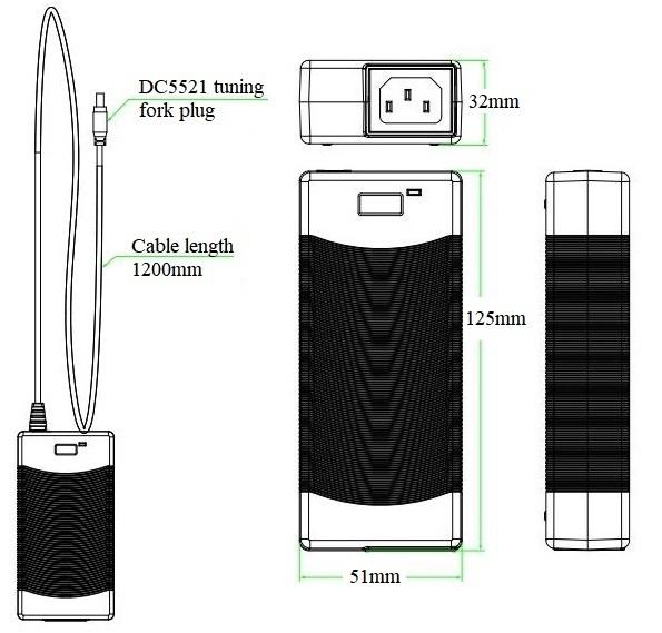 65W/24V Desktop Power Adapter dimensional drawing and specifications