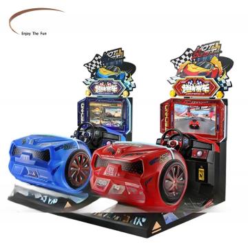 Children playing the racing game simulator