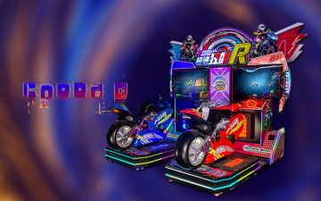 Front view of Speed R motorcycle racing arcade machine