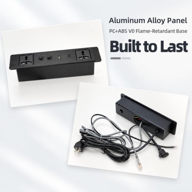 Top-down view of the flush-mounted power strip showing the 3-port USB-A and USB-C combo alongside dual AC outlets