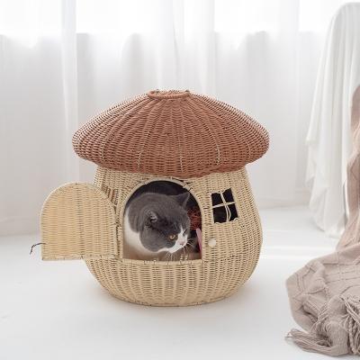 중국 개 침대 라탄 우븐 보금자리 귀여운 고양이 개 보금자리 라탄 증명 버섯재배실을 흔드는 이중 목적 집 판매용