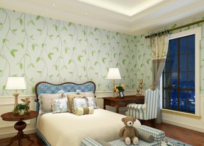 Cina Carta da parati asiatica di stile della camera da letto dell'hotel respirabile con il modello bianco delle foglie verdi in vendita