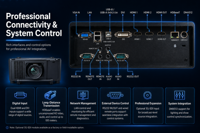 25000 lumen projector HDMI DVI HDBaseT connectivity