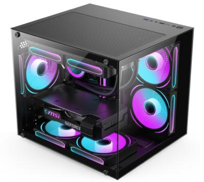 China Caso de computadora de diseño panorámico 0.35mm SPCC Acero 5 x 12cm Ventiladores paneles de vidrio a la izquierda y delante para jugadores usuarios de oficina y entusiastas de bricolaje. en venta