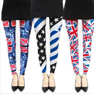 China Venda los pantalones apretados de la moda barata, pantalones flacos, polainas impresas con la bandera de la nación americana en venta