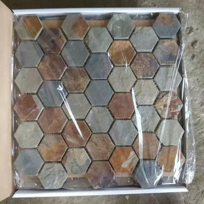 China Rust Slate Mosaic Tile Natural Stone Wall Mosaic Mulicolor Slate Stone Mosaic Slate Mosaic Pattern for sale