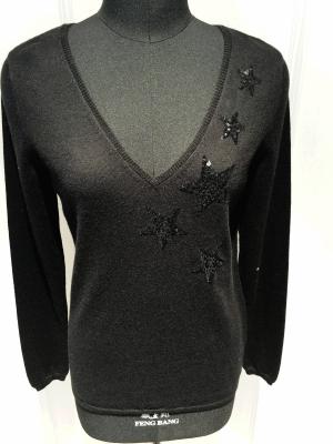 Cina Pullover lungo della manica del collo a V, intarsio che tricotta il maglione nero del pullover delle donne dei modelli in vendita