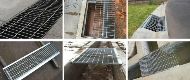 Heavy duty steel grating trench drain cover panel with deep bearing bars installed across a vehicle lane