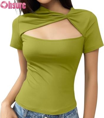 China Women's Summer Slim Fit T-Shirts | Cut Out Short Sleeve Crew Neck Tops | 2025 Fashion OEM Custom for sale