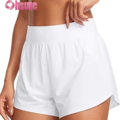China High-Waisted Dolphin Style Athletic Running Shorts for Women Sexy Mesh Liner 3\" High Split Comfortable Yog for sale