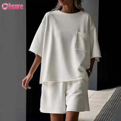 China Casual Summer Suit for Women Solid Color Round Neck Short Sleeve Elastic Exercise Shorts Custom Sportswear Woman for sale