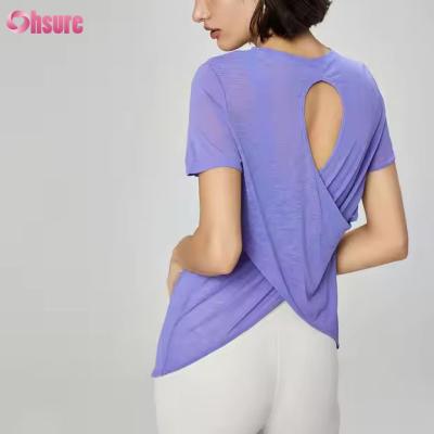 China Women's Light Weight Back Hollowed Short Sleeve Gym T Shirt Breathable Quick Dry Transparent Casual Yoga T-shirts for sale