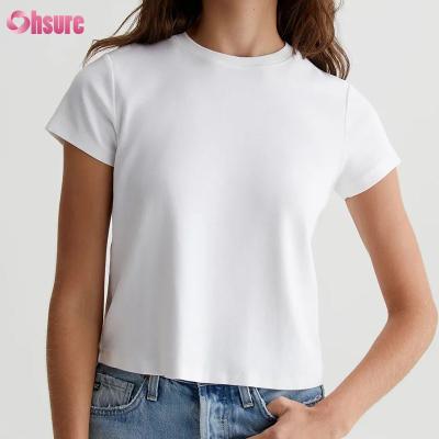 China Solid Casual Custom White Women's Cropped Crewneck Tee - Vintage Silhouette, Cotton-Blend Rib Knit, Everyday Staple for sale