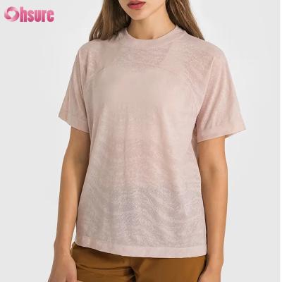 China Wholesale Custom Logo Quick Dry Breathable Jacquard Sport T-shirts Fitness Short Sleeve Yoga Top Women Short Length Gym T Shirts for sale