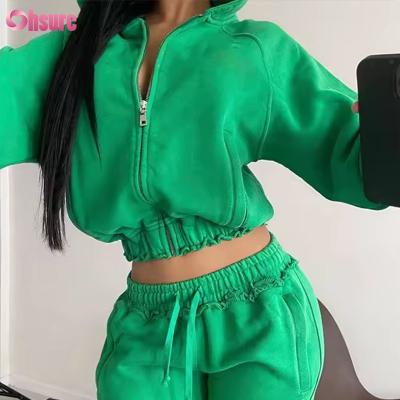 China High Quality Cotton Cropped Zip Hoodie for Women Custom Logo Embroidered French Terry Oversized Zipper Winter Hooded Coat for sale