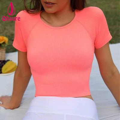China Top Selling 90% Nylon, 10% Elastane Absorbs Sweat Solid Rib Knit Sports Tee Women Fitness Gym Training T-shirt for sale