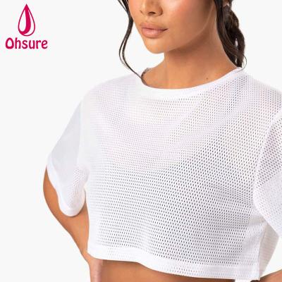 China Custom Logo T Shirt Casual Spandex Mesh Fabric Crew Neck Women Clothing Ladies Gym Warm-up Women's Shirts for sale