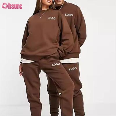 China Custom Men Hoodies and Jogger Sets Solid logo Brown Sweatsuit Unisex Loose Cotton Ribbed Unisex Tracksuit for sale