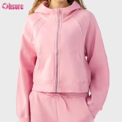 China Custom Logo Women's Vintage Full Zip Fleece Workout Jacket for Winter Running Yoga Gym Hoodie Thumb Holes Lining Knitted Fabric for sale