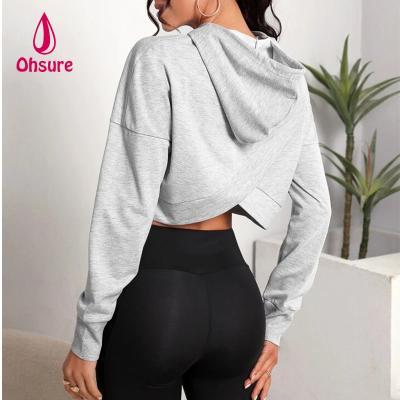 China Ohsure Fitness Women Loose Casual Autumn Sweatsuit Yoga Basic Drop Shoulder Drawstring Crop Sports Hoodie for sale