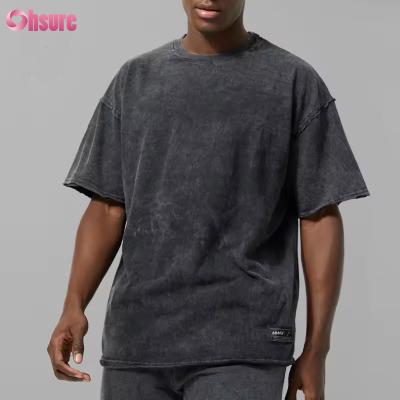 China Custom logo Heavy Weight Black Man 100% Cotton Active Oversized Acid Wash Raw Hem Sports T-shirt Gym Tee Shirt Mens for sale