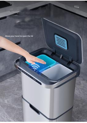 中国 Commercial Large Double-layer Dry and Wet Separation Smart Sensor Motion Waste Recycling Stainless Steel Trash Can 販売のため