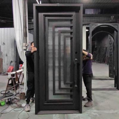China Triple Layered Iron Door Tempered Glass Wrought Iron Single Entry Doors for sale