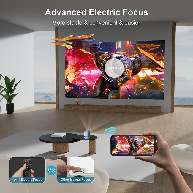 Projector displaying vibrant outdoor image at twilight