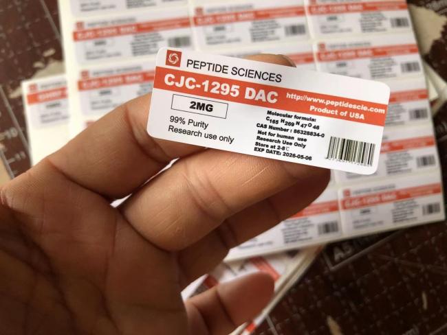 Vial label production sample showing waterproof material