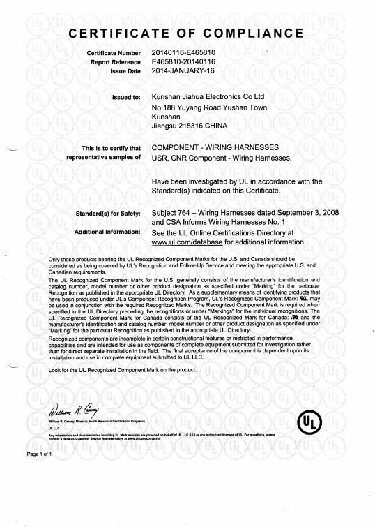CERTIFICATE OF COMPLIANCE - KUNSHAN JIAHUA ELECTRONICS CO., LTD.