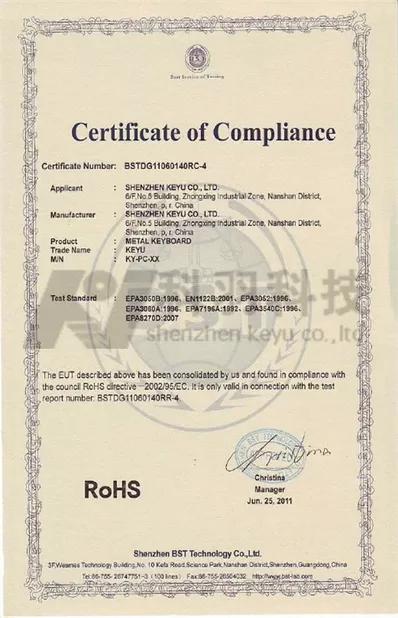 ROSH Certificate of Compliance - Guangdong Chuangwei Electronic Equipment Manufactory
