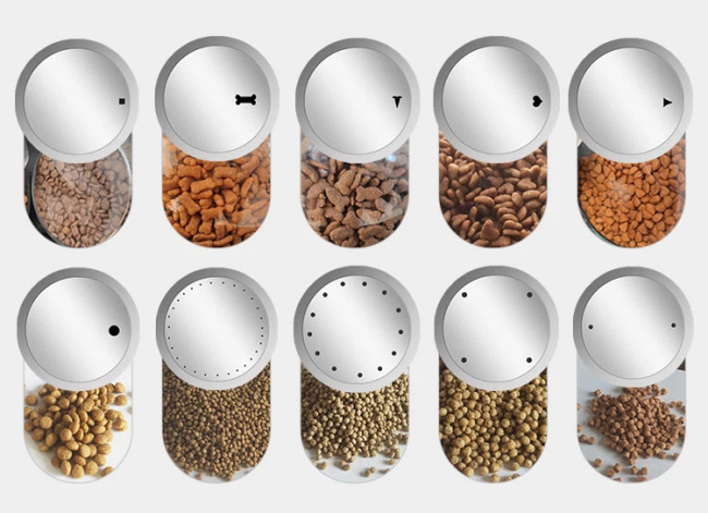 Finished feed pellets showing various sizes and shapes
