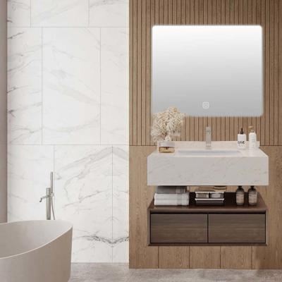 Chine Vanité fixée au mur en bois solide de salle de bains de couleur de noix avec le miroir de LED à vendre