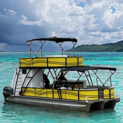 China 30FT Double Decker Pontoon Boat with Restroom, Shower Slide Bar & LED Lights – Luxury Party & Family Entertainment Boat for sale