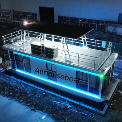 China Floating Villa Double Deck Houseboat With Rooftop Party Deck BBQ & Fully Furnished Interior for sale