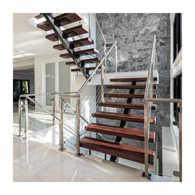 Cina Hotel indoor solid wood staircase designs one beam wood treads straight stairs in vendita
