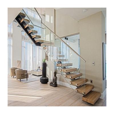 中国 Library rod railing modern steel wood stairs single keel indoor wooden straight stairway 販売のため