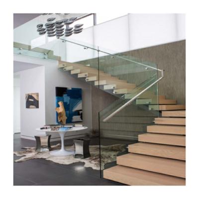 中国 Library glass wood stairs with glass railing one beam glass wooden straight stairs 販売のため