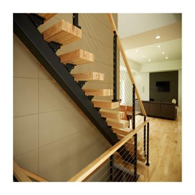 中国 Department solid wood tread and rod railing stair mono stringer wood stairway straight 販売のため