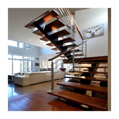 中国 Foshan factory timber stair with glass railing single stringer modern decorative straight wood stairway 販売のため