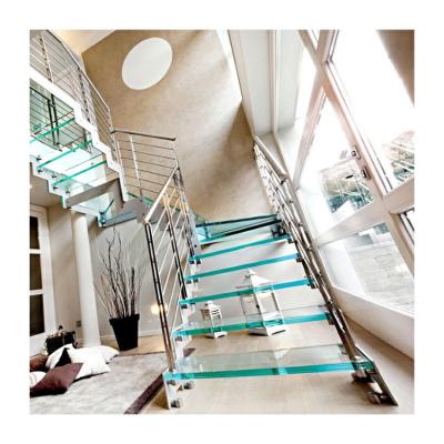Cina Modern steel staircase standoff tempered glass railing stairs straight glass stairs price in vendita