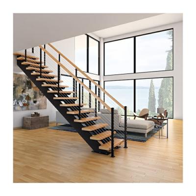 China Original factory space saving straight stairs thin solid wood tread staircase Te koop