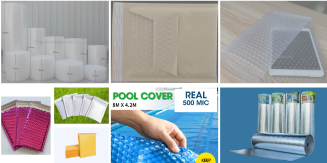 Examples of final products made from air bubble film including packaging mailers, pool covers, and insulation sheets