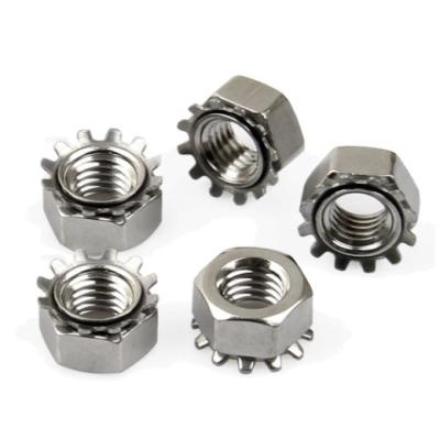中国 M1-M36 customized stainless steel external tooth lock washer K lock nut copper belt tooth hexagon nut k nut 販売のため