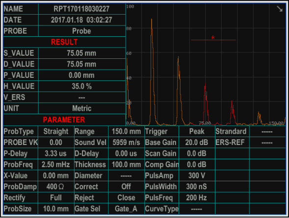 Ultrasonic Flaw Detector TFD807C display interface with A-scan waveform and measurement data