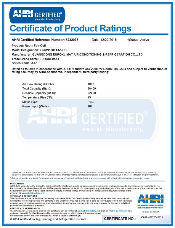 AHRI 440-2008 - Guangdong EuroKlimat Air-Conditioning & Refrigeration Co., Ltd