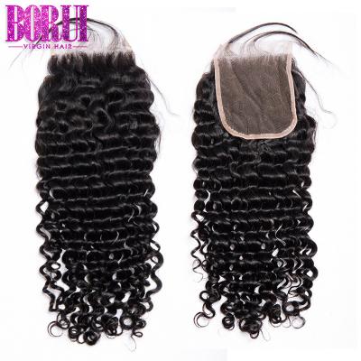 Cina capelli umani ricci profondi brasiliani di 4*4 5*5 6*6, chiusura del pizzo con i capelli del bambino in vendita