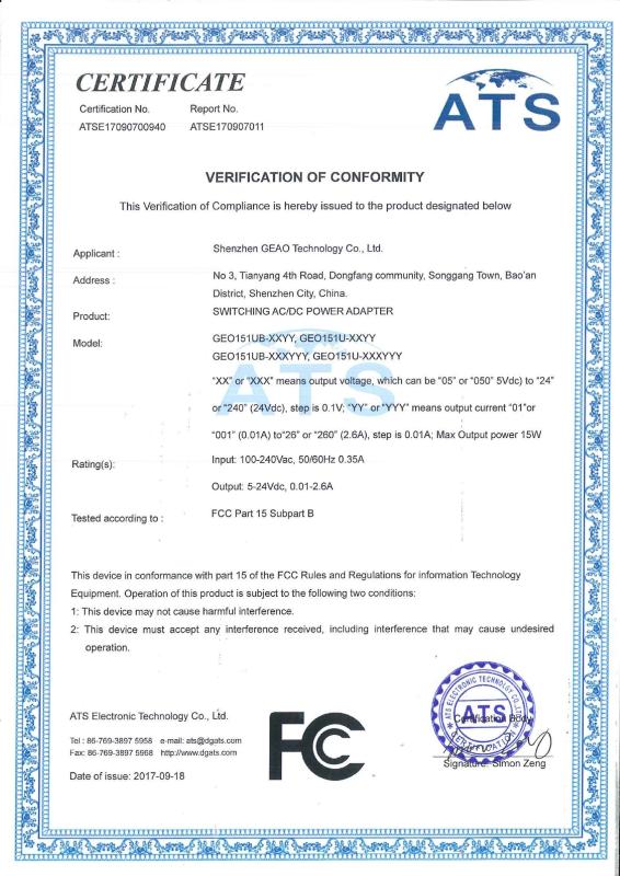 Power Adapter FCC Certificate - Shenzhen GEAO Technology Co., Ltd.