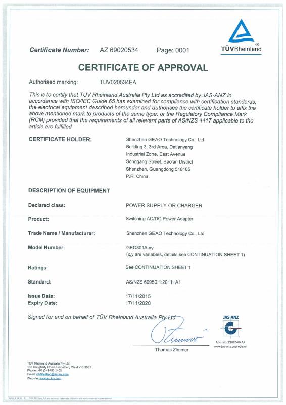 Power Adapter SAA Certificate - Shenzhen GEAO Technology Co., Ltd.