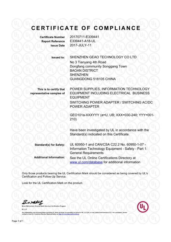 Power Adapter UL Certificate - Shenzhen GEAO Technology Co., Ltd.
